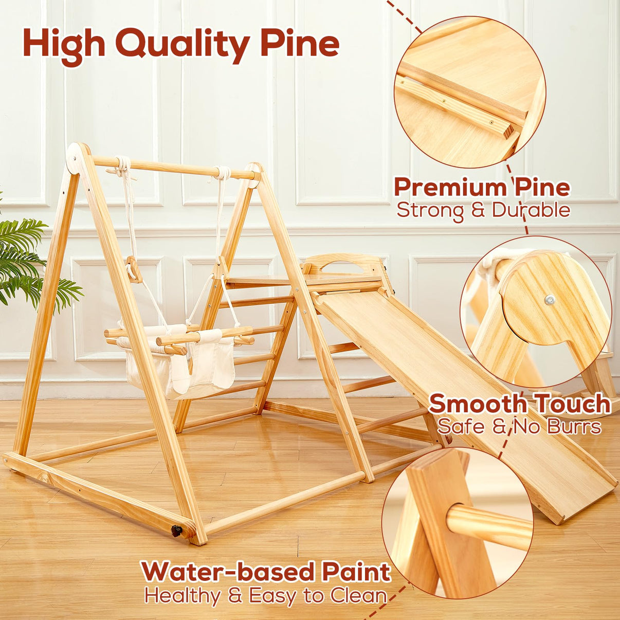 FUNLIO 4-in-1 Wooden Toddler Swing and Slide Set, Foldable Montessori ...